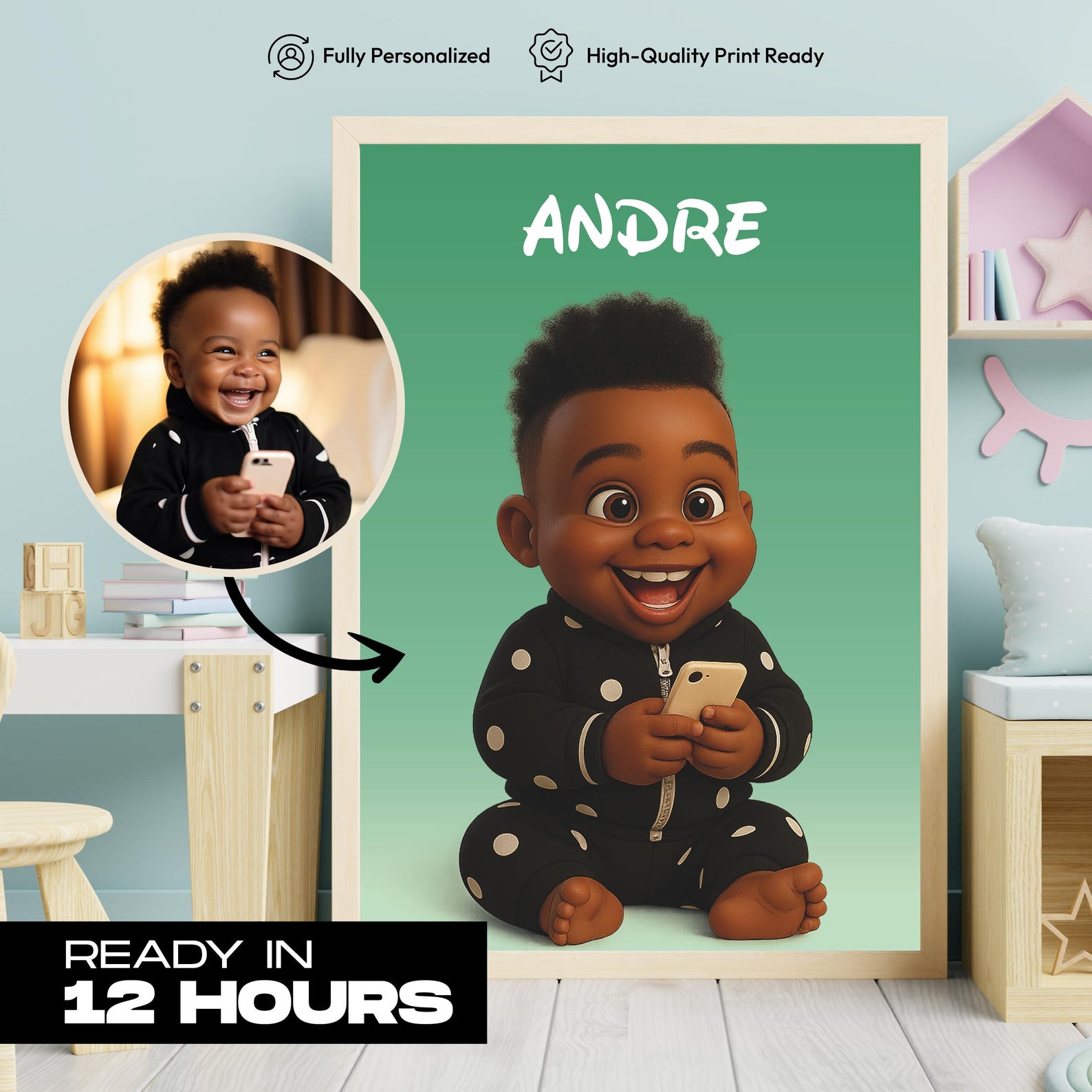 Custom Pixar Style Baby Portrait: Personalized Nursery Art (digital ...