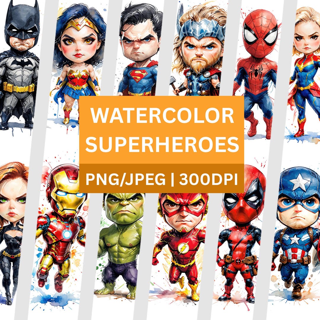 Watercolor Superhero | Set of 12 | Clipart Bundle | Sketch Caricatures ...
