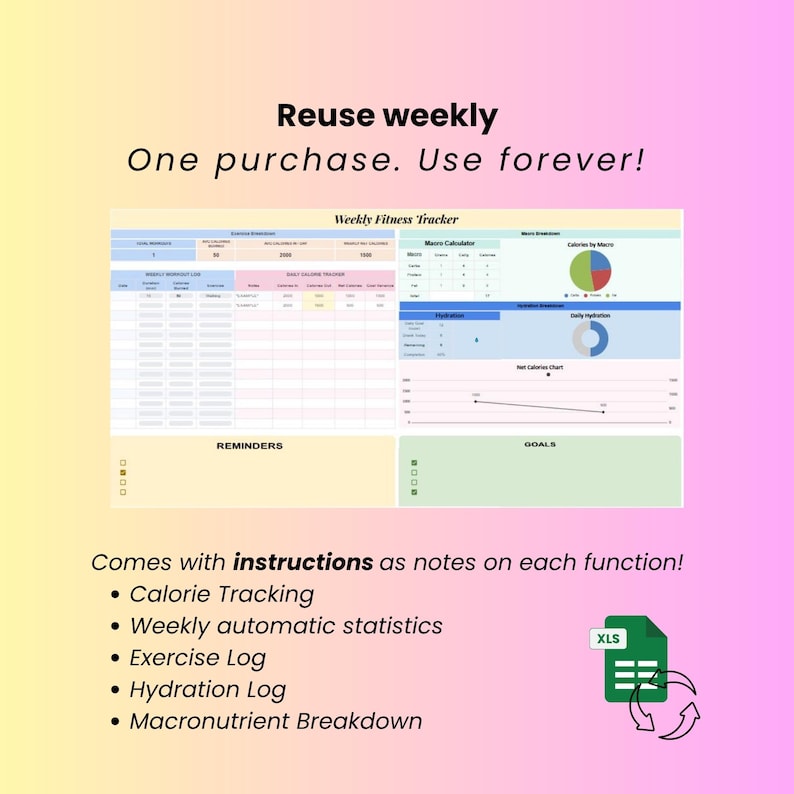 Fitness Planner Exercise Tracker Google Sheets Excel Spreadsheet Summer ...