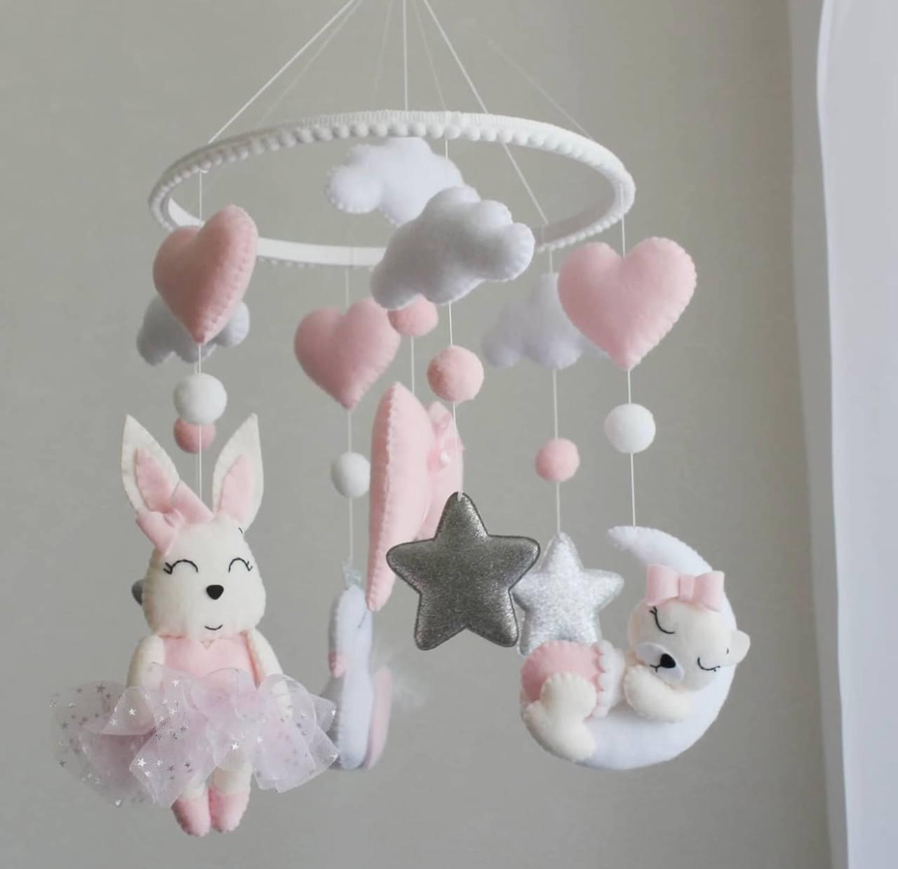 Personalized Baby Mobile | Forest Animal Mobile in Soft Beige Pink Blue ...