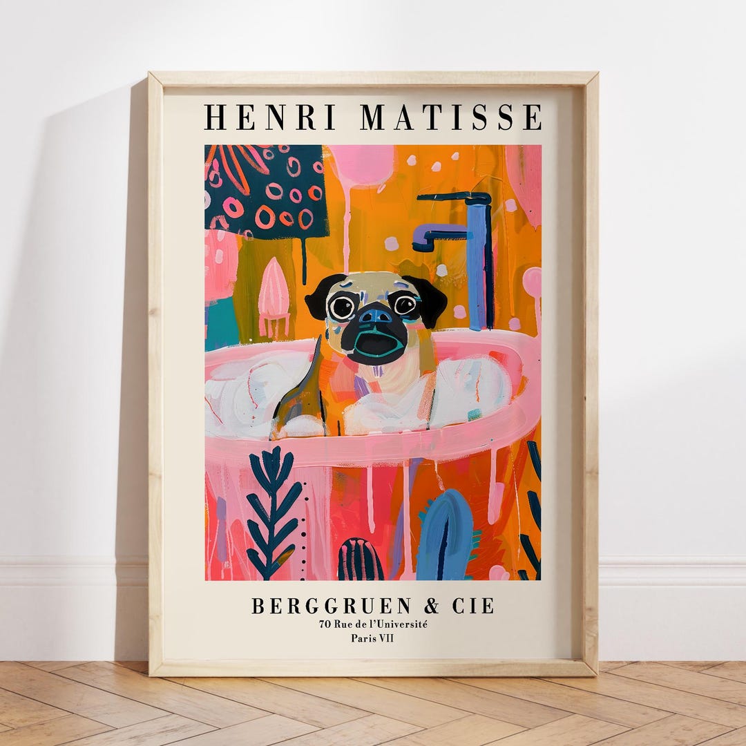 Pug in a Bathtub Print, Colorful Bathroom Wall Art, Matisse Print ...