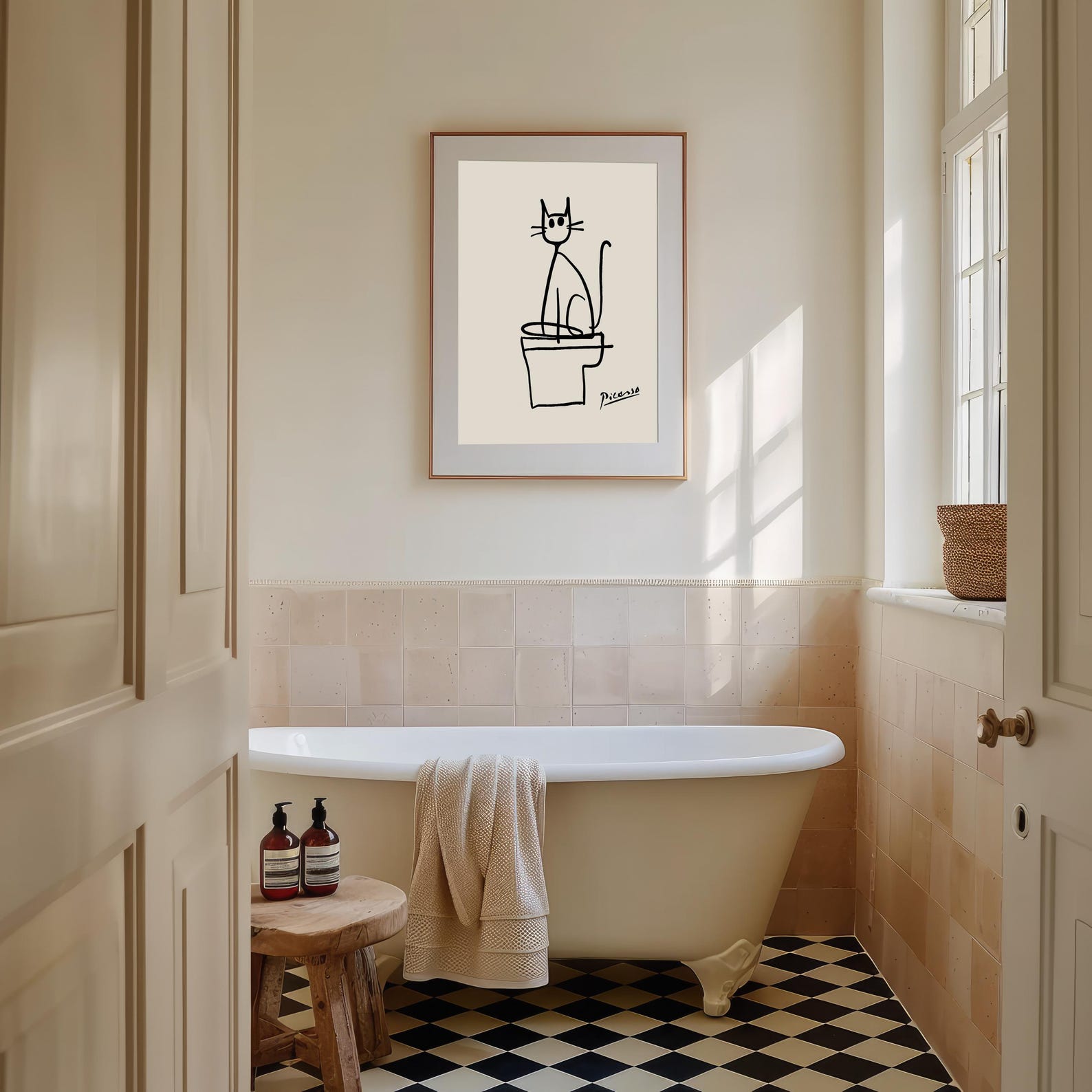 Black Cat on a Toilet Wall Art Print, Picasso Bathroom Print, Line ...