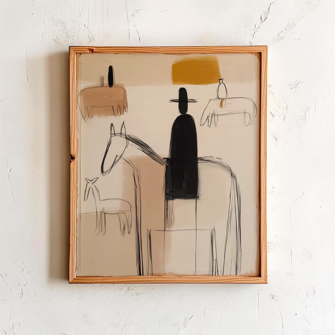 Western Wall Art – Minimal Cowboy & Horses Print – Rustic Neutral Decor ...