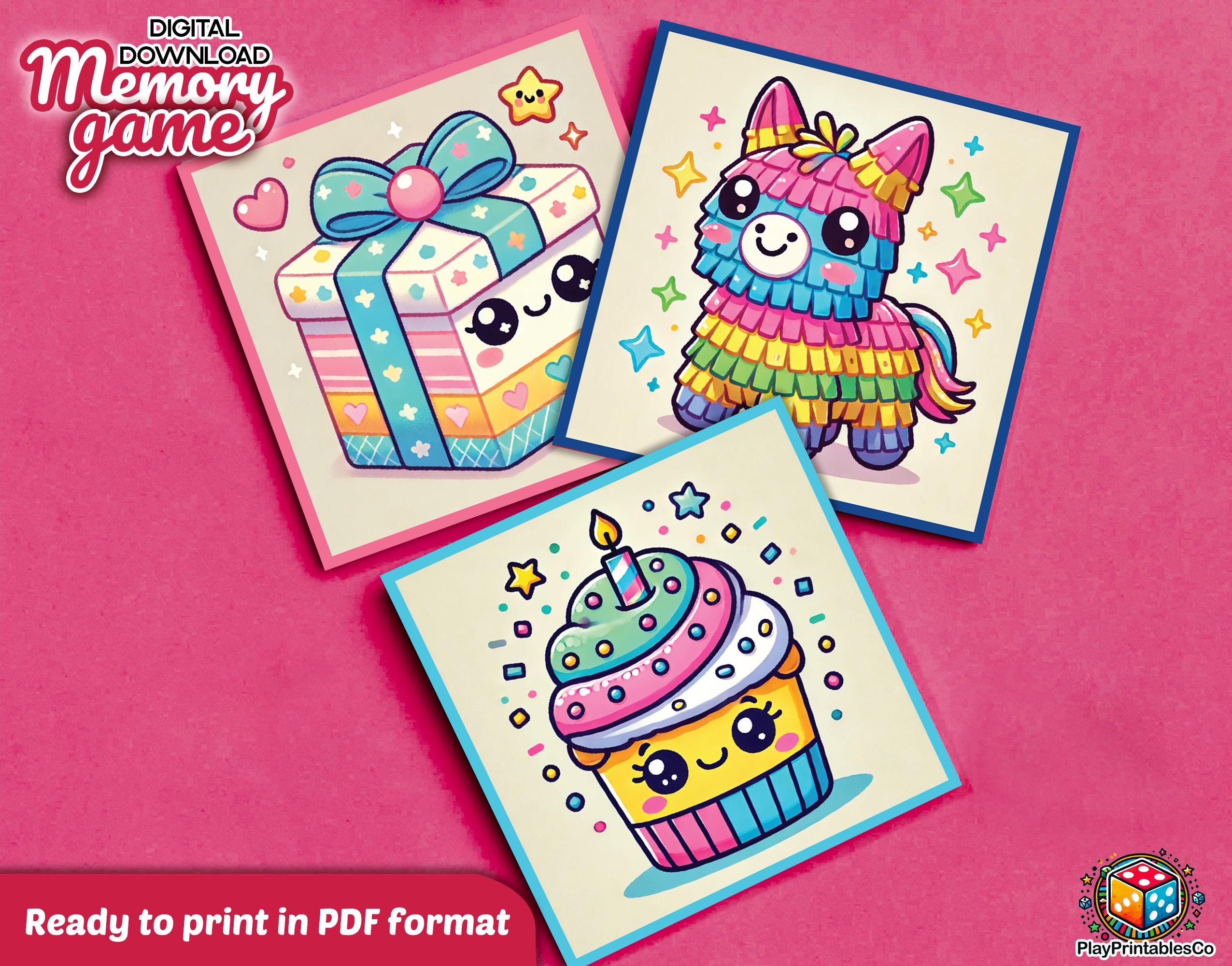 Birthday Party Memory Game Printable - Kawaii Matching Cards for Kids ...