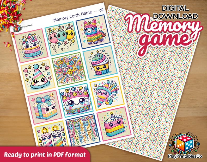 Birthday Party Memory Game Printable - Kawaii Matching Cards for Kids ...