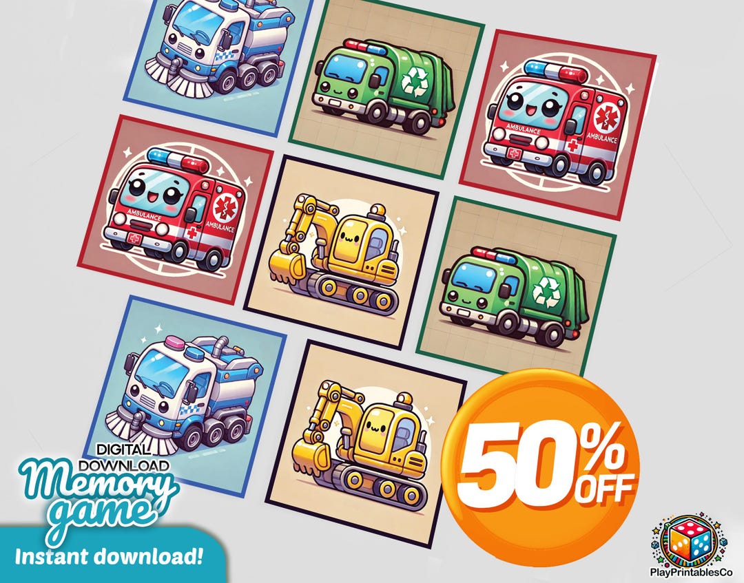 50% off This Week Work Vehicle Memory Game for Kids – Printable Truck ...