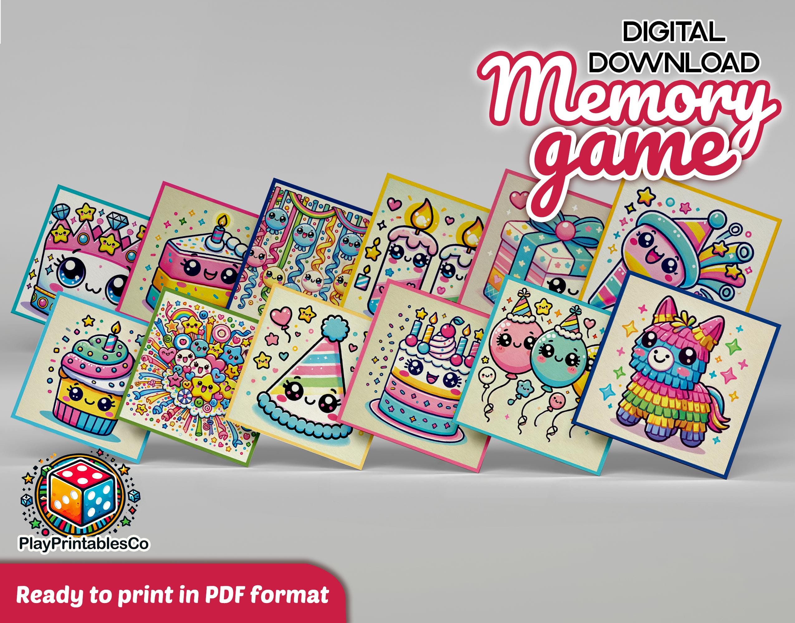 Birthday Party Memory Game Printable - Kawaii Matching Cards for Kids ...