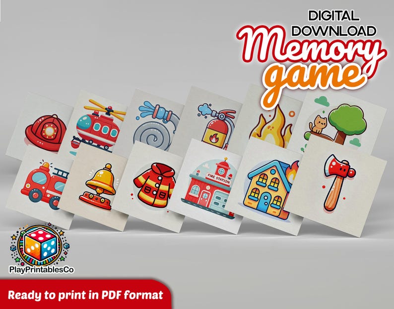 Firefighter Memory Game for Kids - Printable Matching Cards - Fireman ...