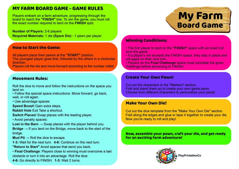 Farm Board Game for Kids – Printable DIY Game With Dice & Pawns ...
