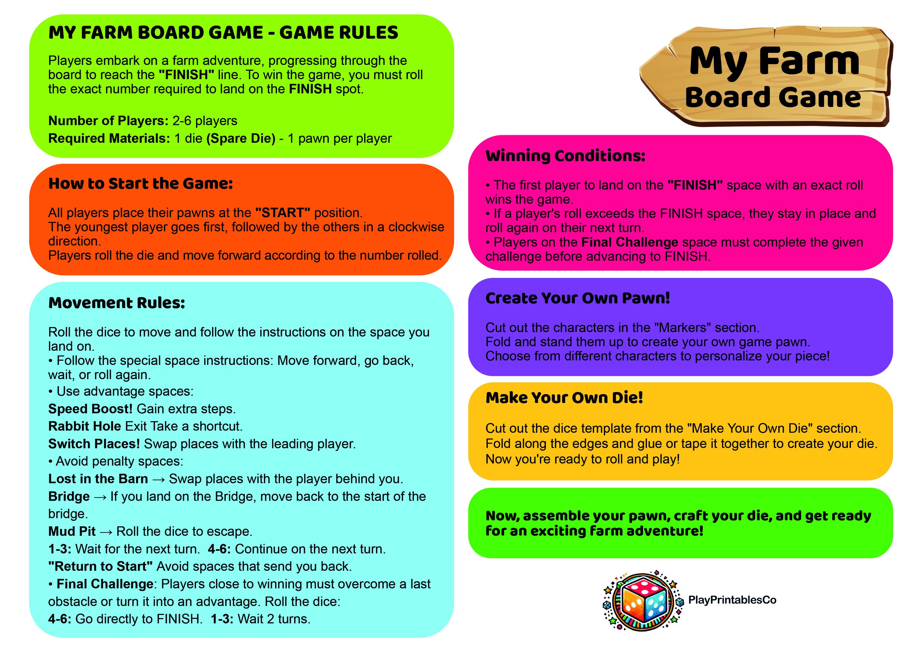 Farm Board Game for Kids – Printable DIY Game With Dice & Pawns ...