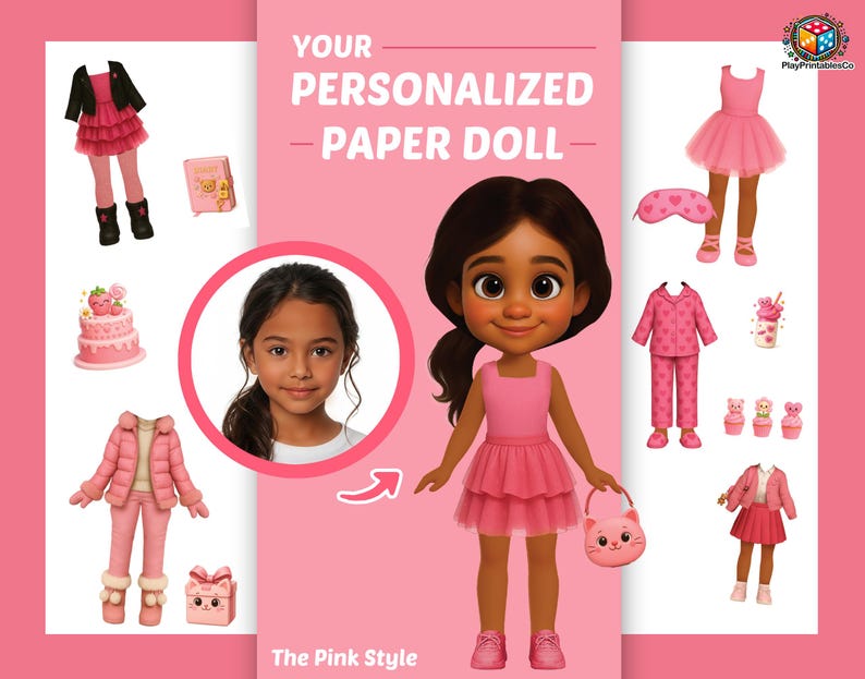 Personalized Paper Doll: Custom Photo, Pink Outfits (digital Download ...