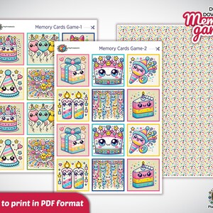 Birthday Party Memory Game Printable - Kawaii Matching Cards for Kids ...