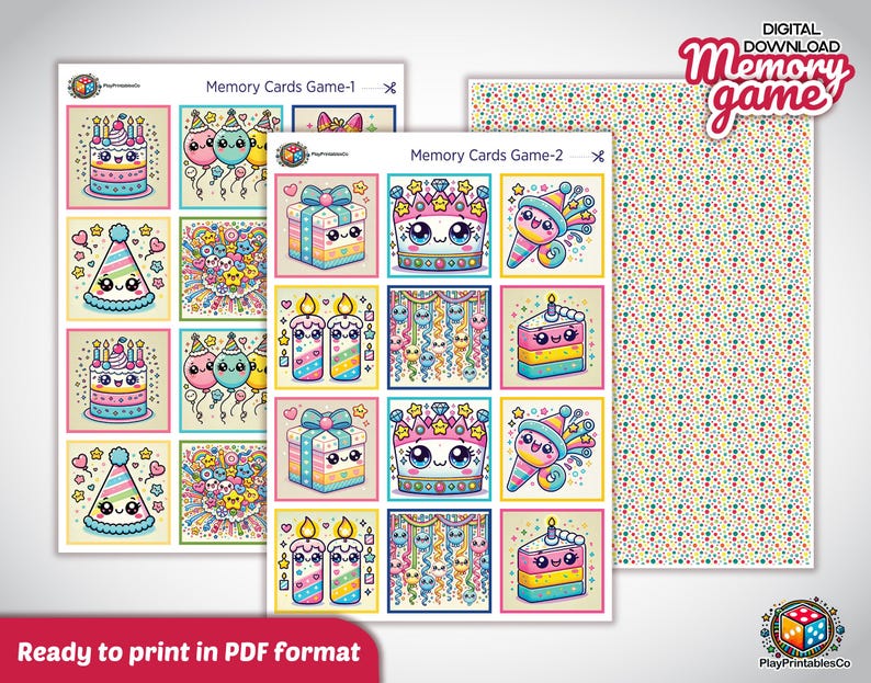 Birthday Party Memory Game Printable - Kawaii Matching Cards for Kids ...