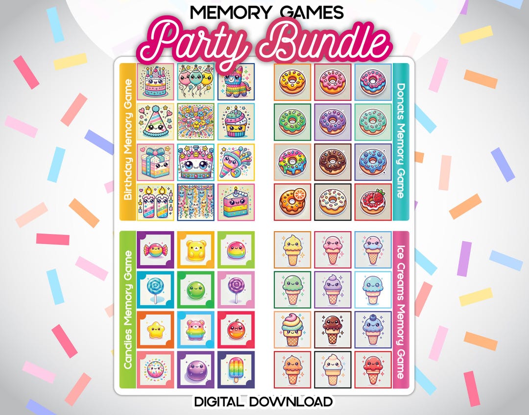 Kids Birthday Party Memory Game Bundle: Donut, Ice Cream, Candy Themes ...