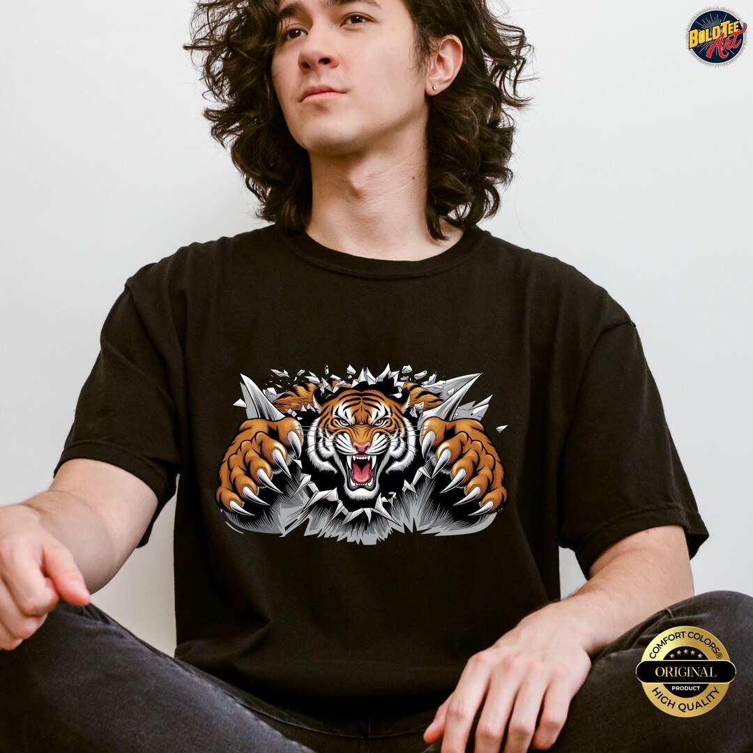 Tiger Ripping Through Shirt, Fierce Wild Cat Graphic Tee, Animal Attack ...