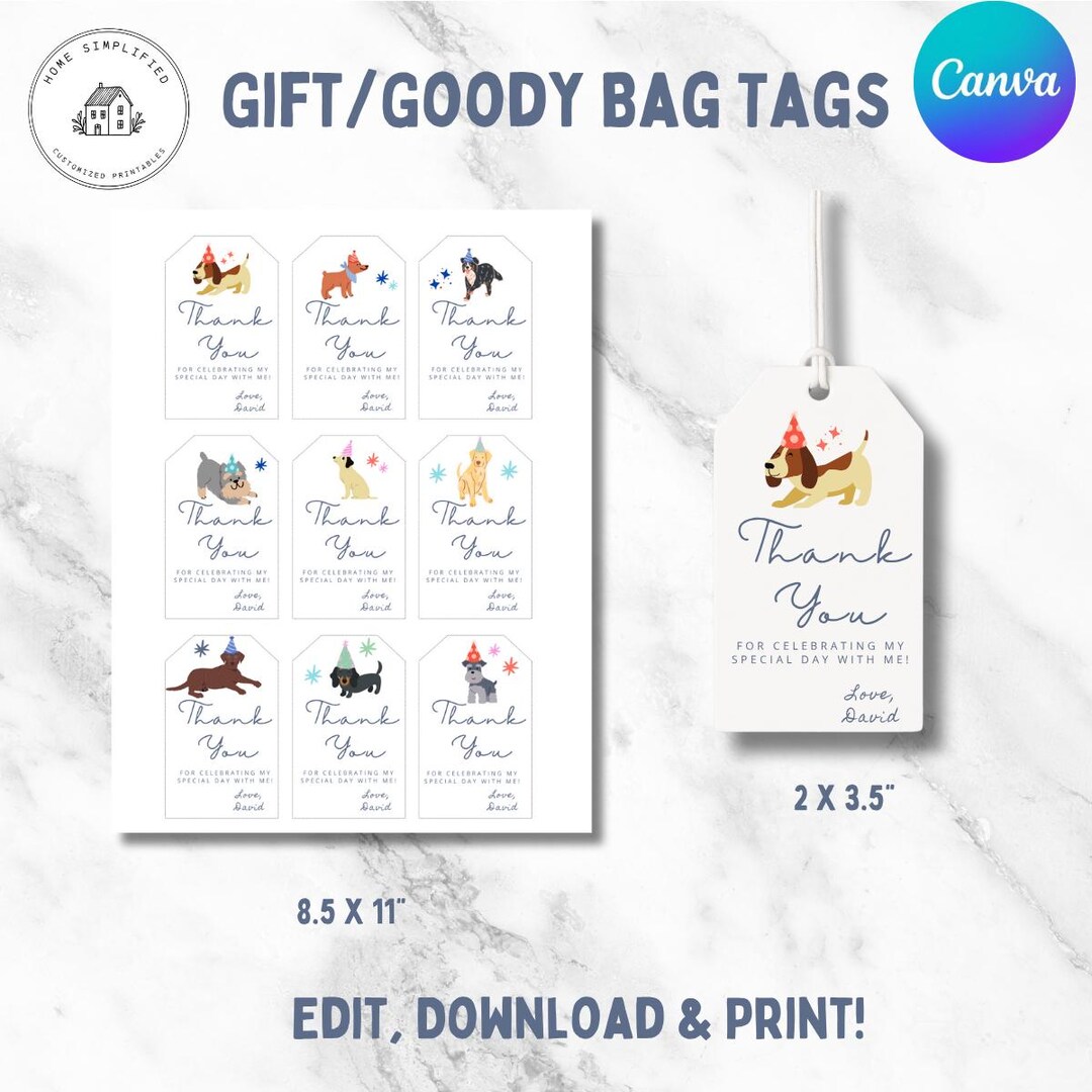 Dog Birthday Party Favor Tags; Printable Paw-ty Thank You Tags; Goody ...
