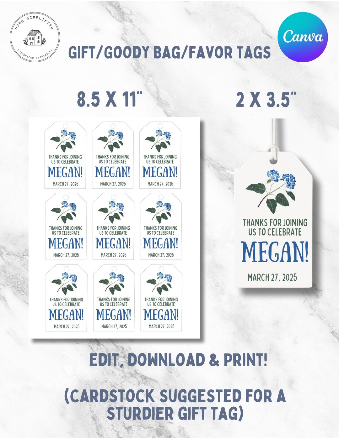 Hydrangea Bridal Shower Favor Tag Template; Blue Floral Tags; 2x35 ...
