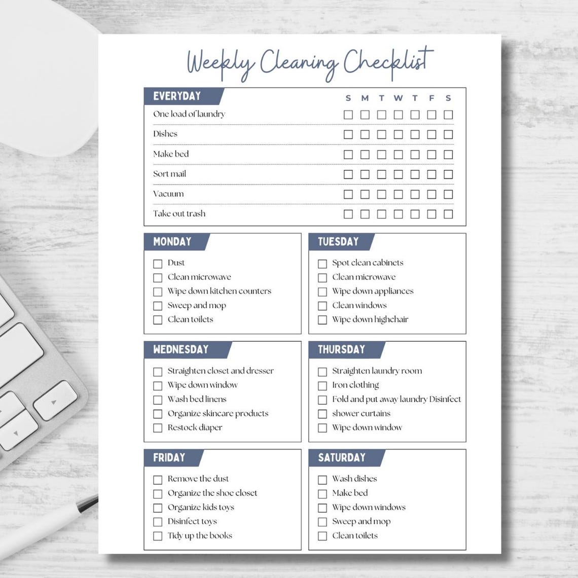 Weekly Cleaning Checklist; Printable + Editable; 8.5x11 + 5x7; PDF ...