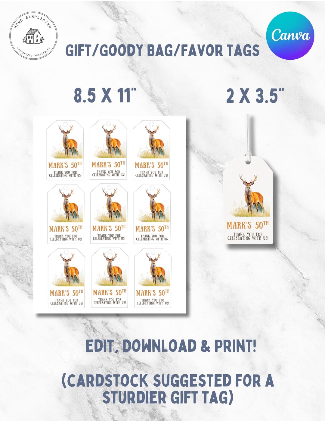Stag 50th Birthday Gift Tags Printable; Rustic Deer Favor Tag Template ...