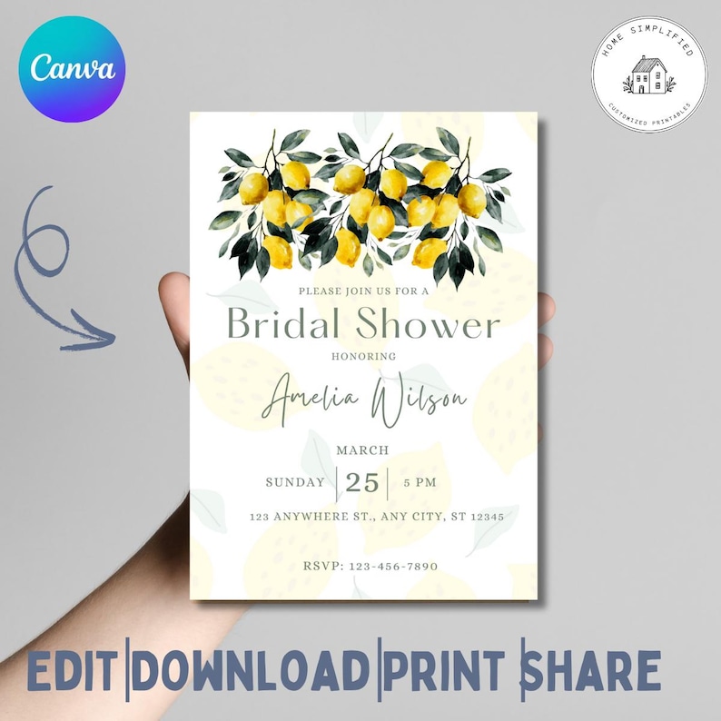 Lemon Bridal Shower Invitation Template; Editable Canva Design 5x7 ...