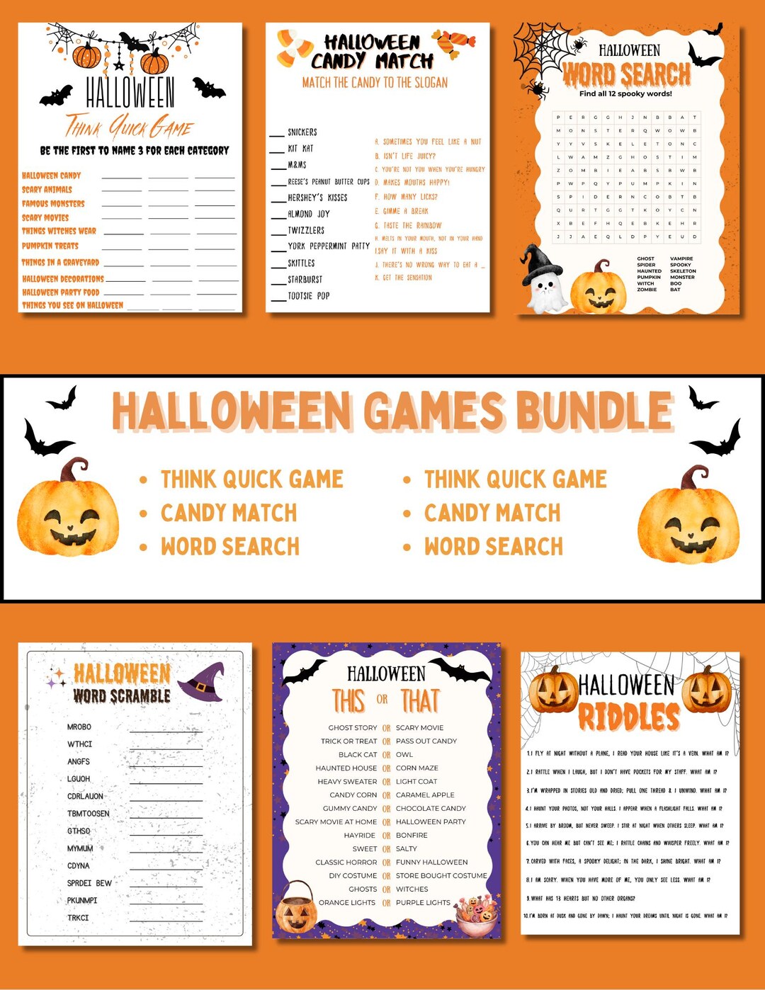Halloween Party Game Bundle; 6 Printable Games for Kids & Adults; Candy ...