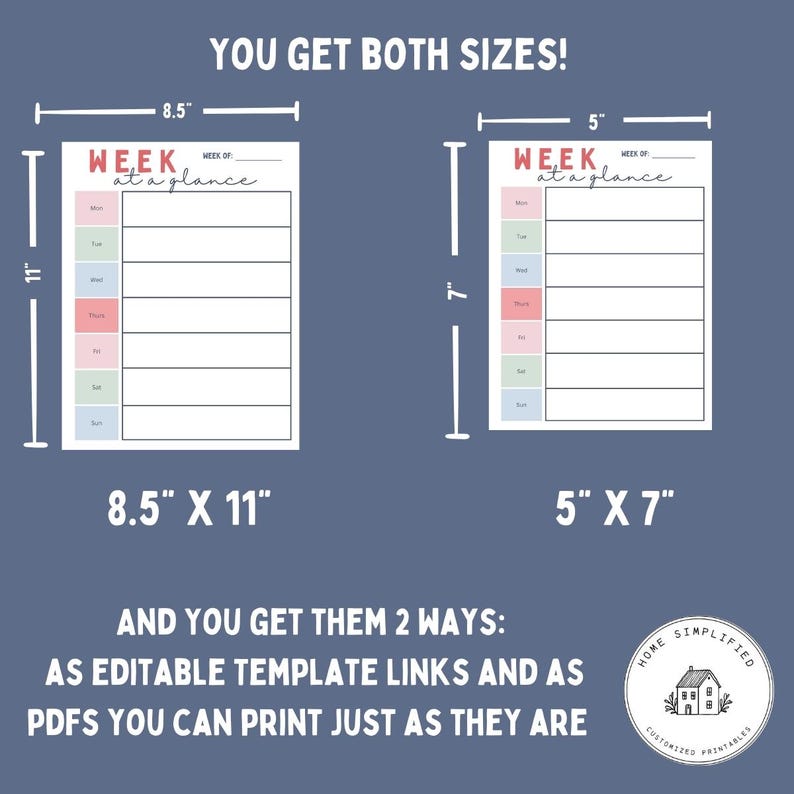 Weekly Planner Printable and Editable (PDF & Canva), Minimal Week at a ...