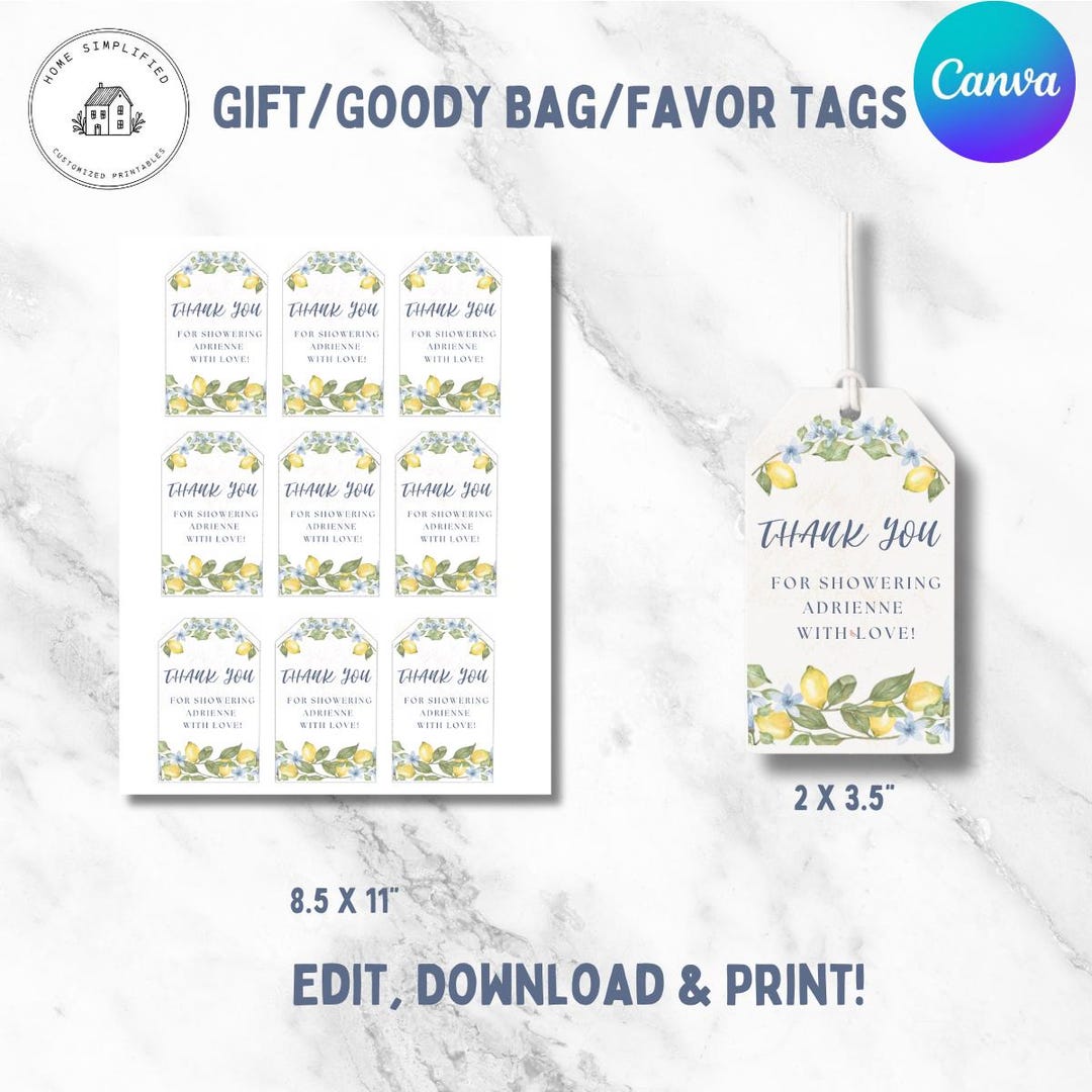 Lemon Baby Shower Favor Tag; Editable Canva Template; Printable Thank ...