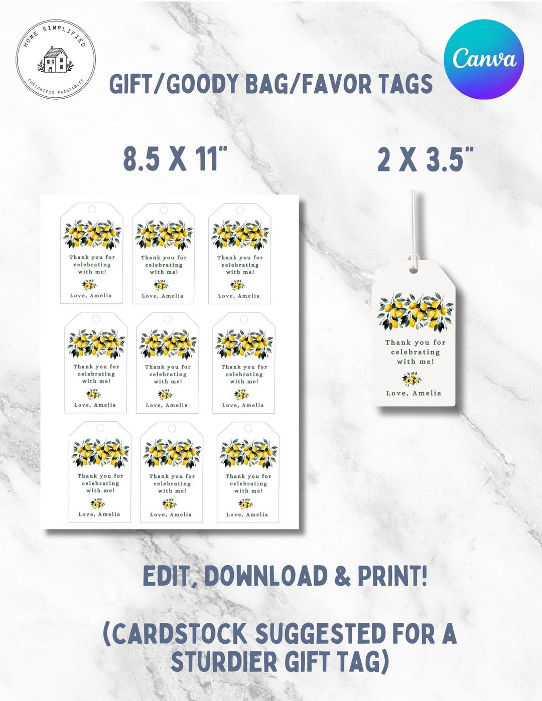 Lemon Theme Party Favor Tags Template; Printable Gift Tags for Bridal ...