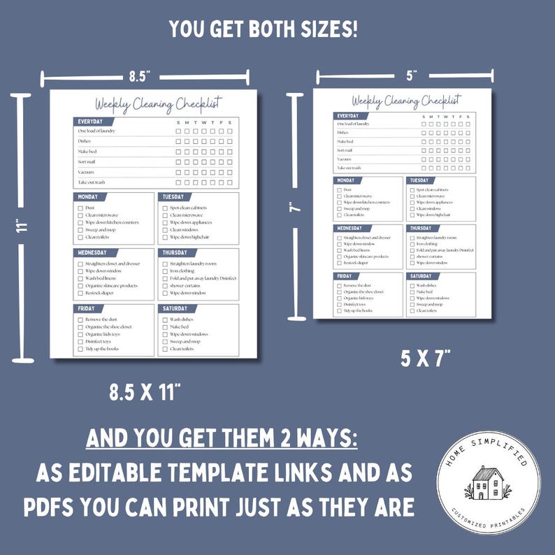 Weekly Cleaning Checklist; Printable + Editable; 8.5x11 + 5x7; PDF ...