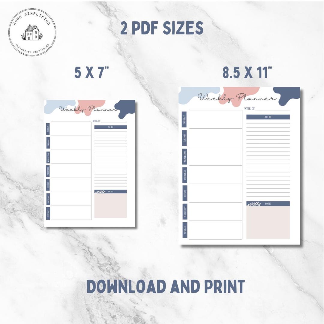 Printable Weekly Planner PDF; 5x7 & 8.5 X 11 Fill-in Weekly Schedule ...