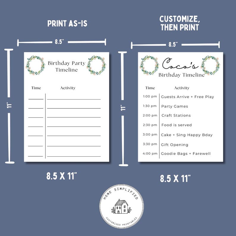 Editable Party Timeline Template; Printable Birthday Schedule; 8.5x11 ...