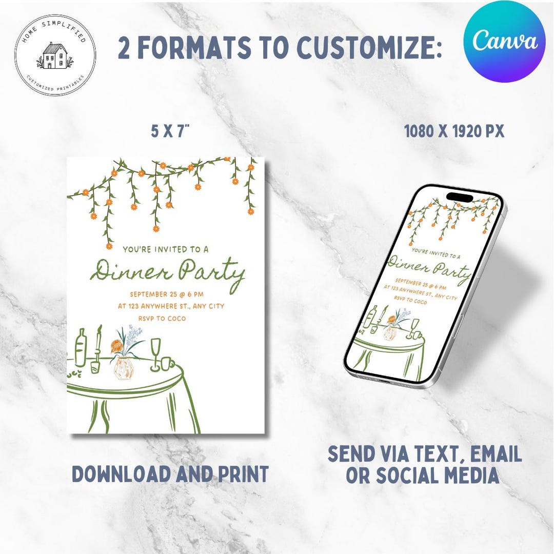 Elegant Dinner Party Invitation; Watercolor Floral Canva Template ...