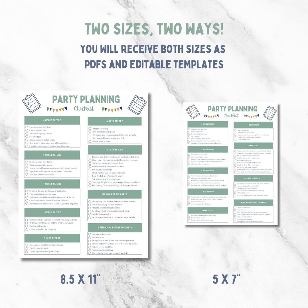 Party Planning Checklist; Editable and Printable; 8.5x11 & 5x7 To-do ...