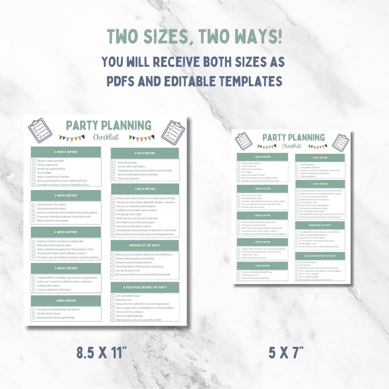 Party Planning Checklist; Editable and Printable; 8.5x11 & 5x7 To-do ...