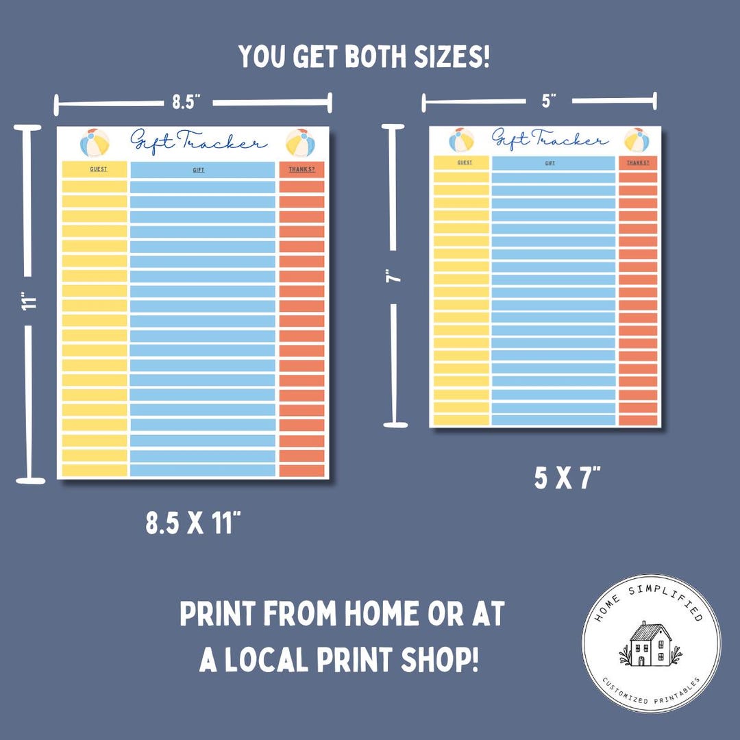 Pool Party Gift Tracker Printable; 5x7 & 8.5x11 PDF; Summer Birthday ...