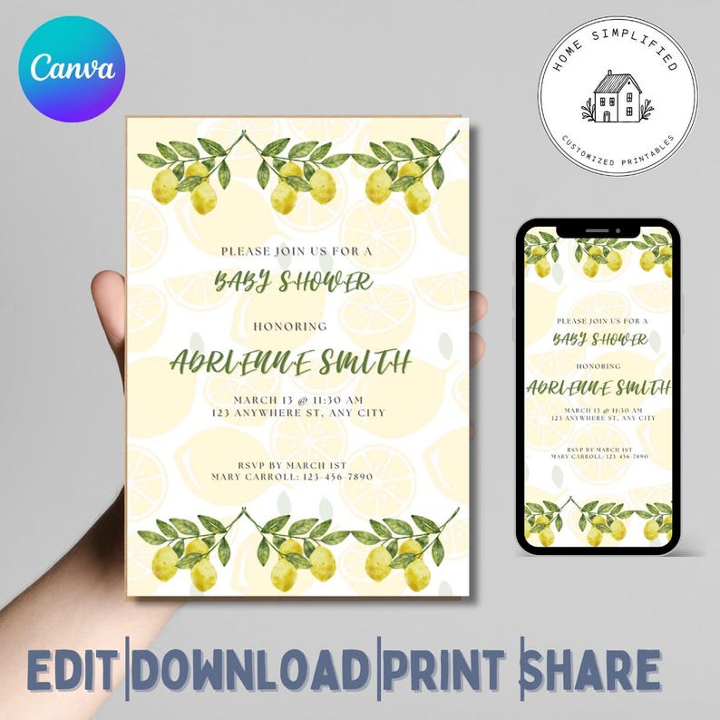 Lemon Baby Shower Bundle Printable; Yellow Theme Editable Party Set ...