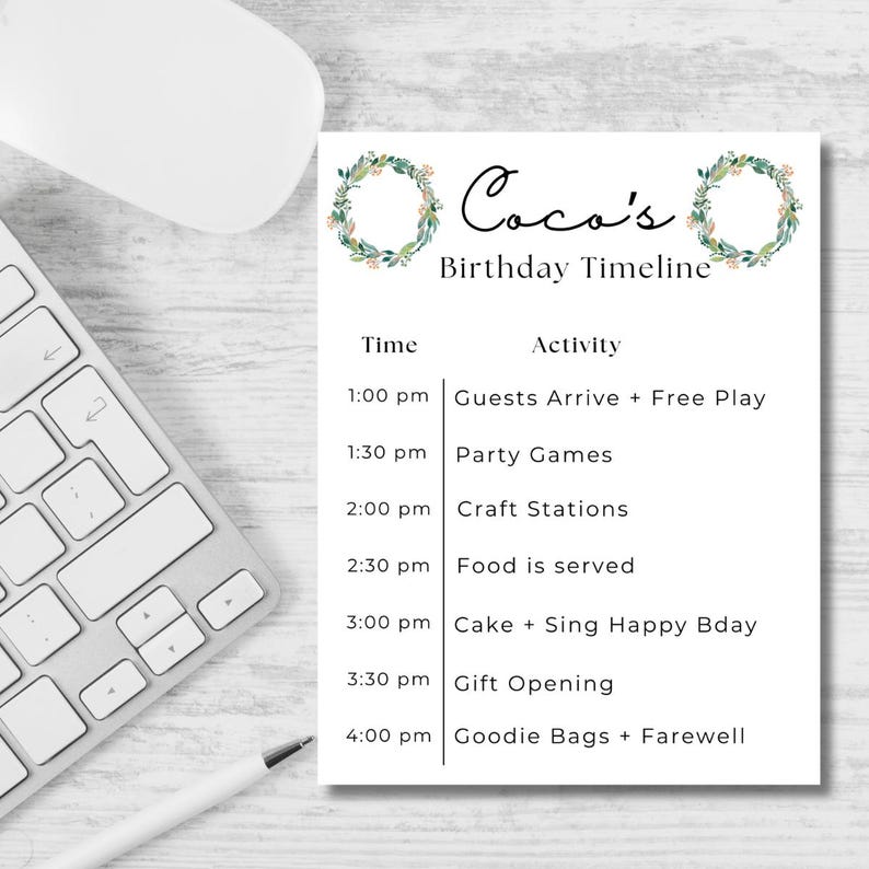 Editable Party Timeline Template; Printable Birthday Schedule; 8.5x11 ...