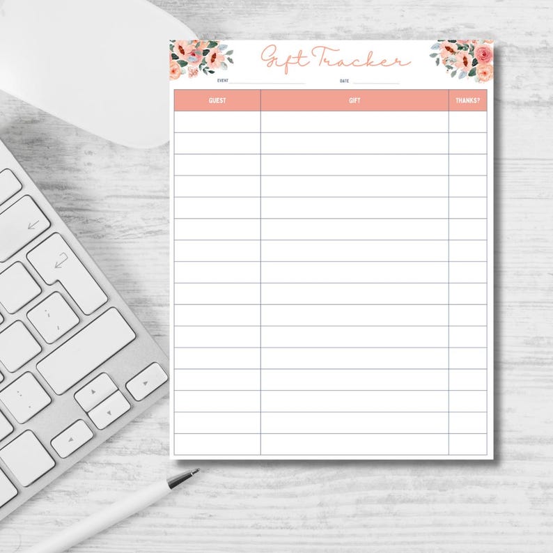Floral Gift Tracker Printable; Baby Shower or Birthday Gift Log PDF ...