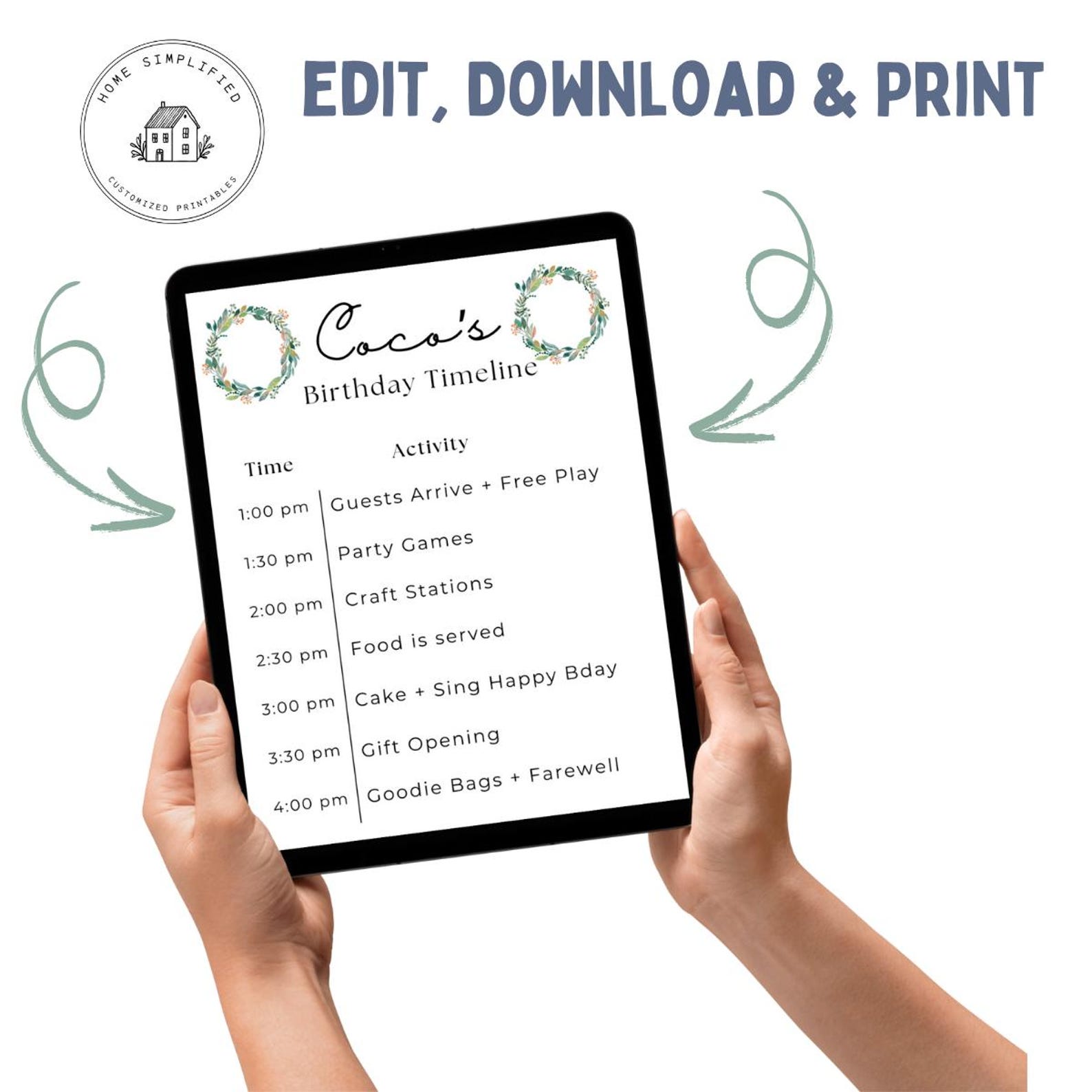 Editable Party Timeline Template; Printable Birthday Schedule; 8.5x11 ...