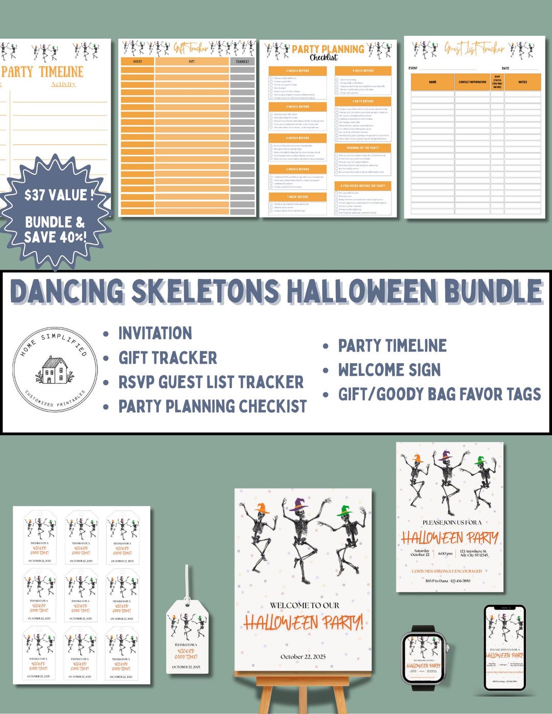 Dancing Skeletons Halloween Party Bundle; 7 Printable Party Templates ...