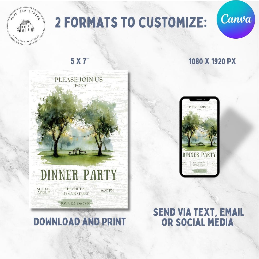 Outdoor Dinner Party Invitation Template; Editable Canva Design; 5x7 ...