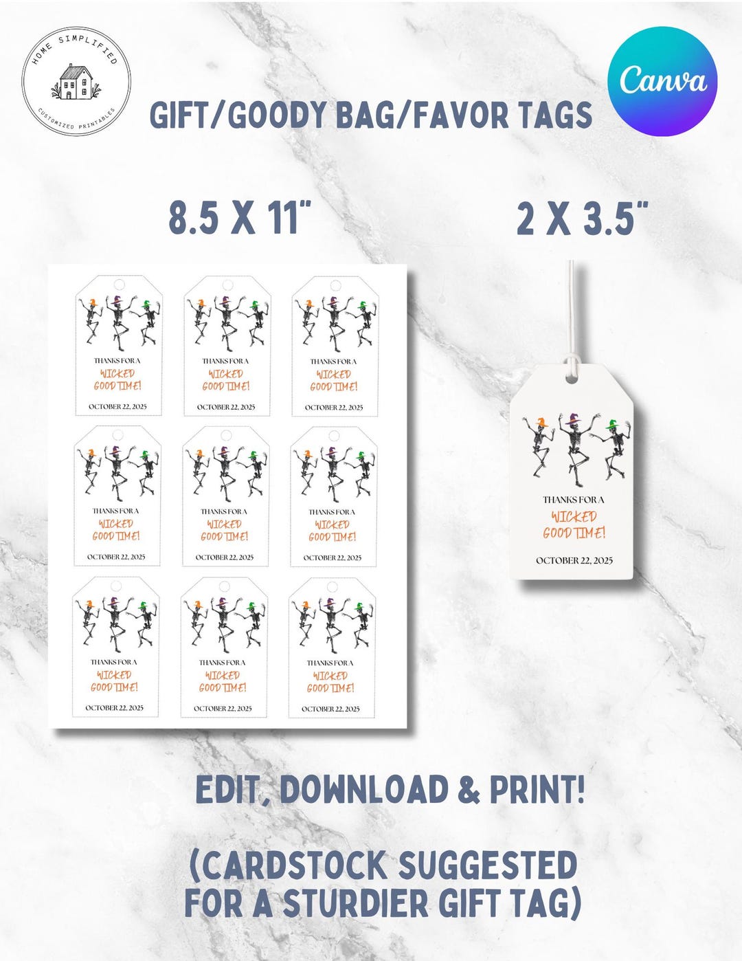 Dancing Skeletons Halloween Gift Tags; Editable Canva Favor Tags ...