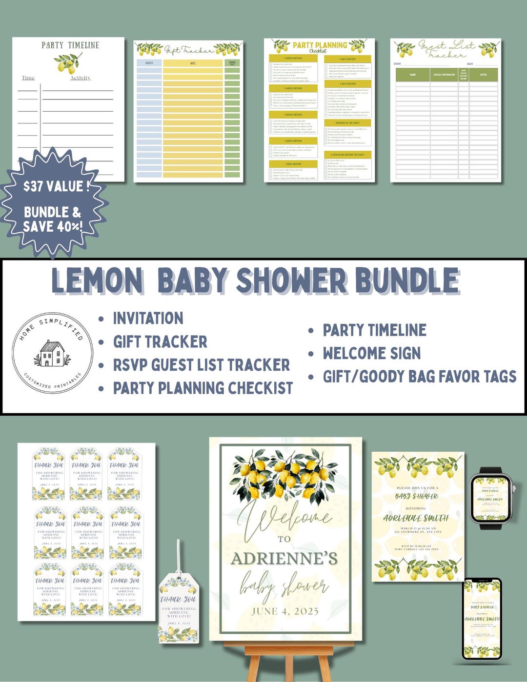Lemon Baby Shower Bundle Printable; Yellow Theme Editable Party Set ...