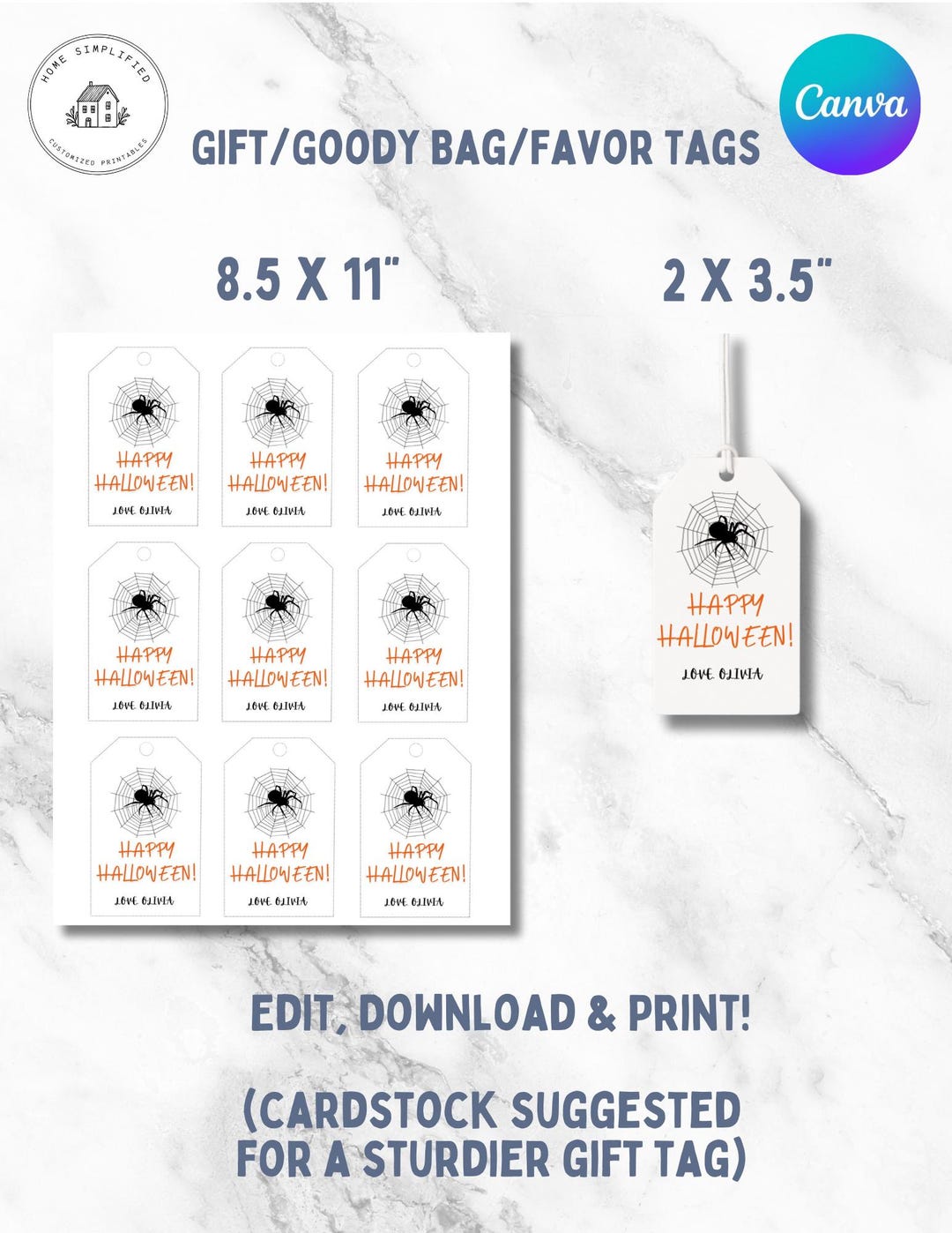 Spiderweb Halloween Gift Tags Template; Editable 2x3.5" Favor Tags on 8 ...