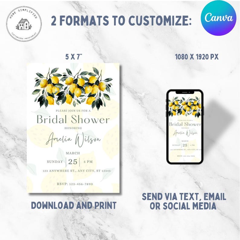Lemon Bridal Shower Invitation Template; Editable Canva Design 5x7 ...