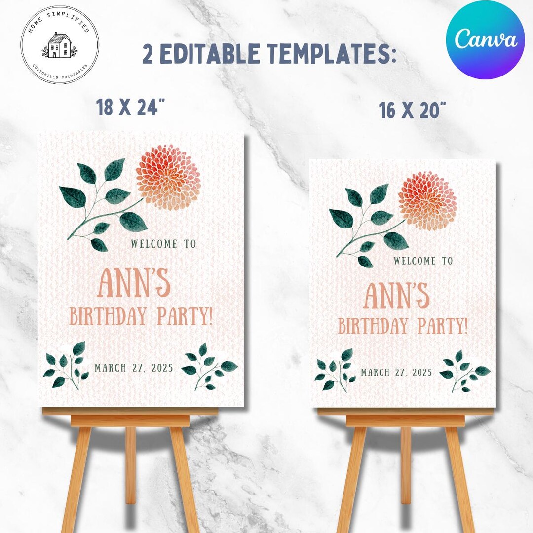 Dahlia Birthday Party Welcome Sign Template; 16x20 & 18x24; Editable ...