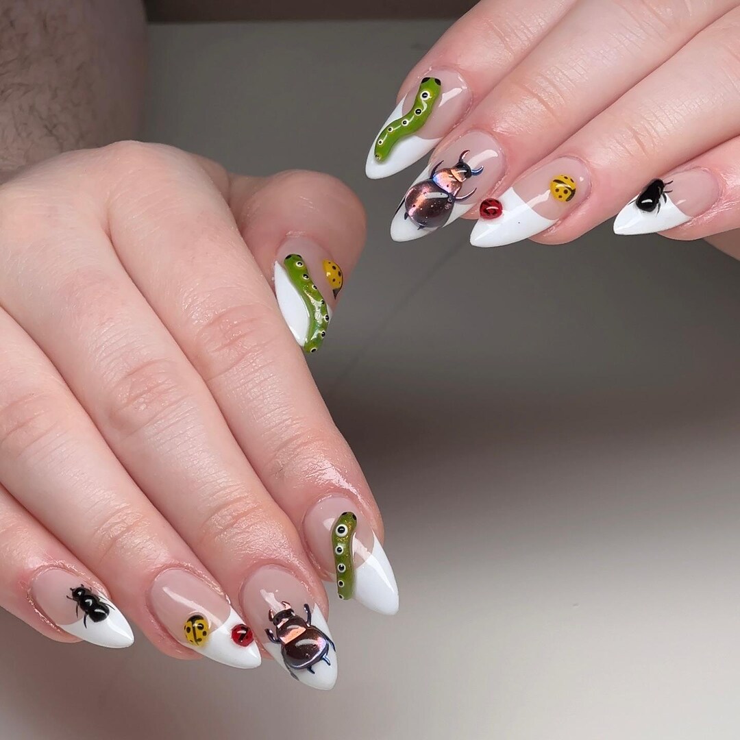 Insect French Tip Nails, 3D Bug Nail Art, Nature Inspired Press on ...