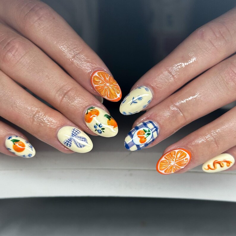 Fruit Picnic Press on Nails, Blue Gingham & Orange Slice Design ...