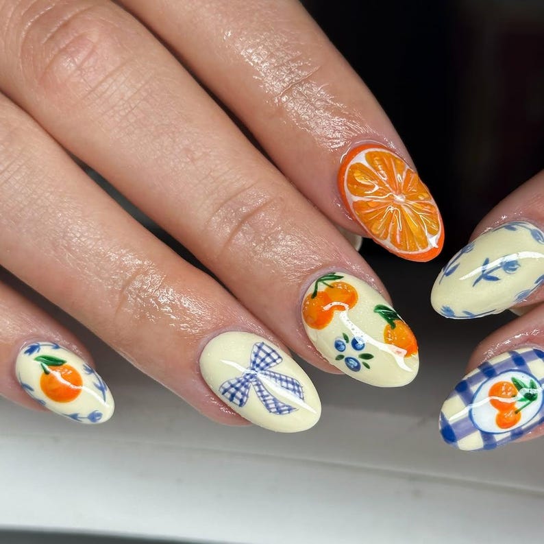 Fruit Picnic Press on Nails, Blue Gingham & Orange Slice Design ...