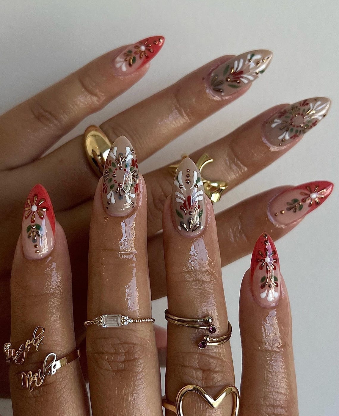 Boho-chic Floral Press on Nails, Red and Gold Artistic Nails, Hand ...
